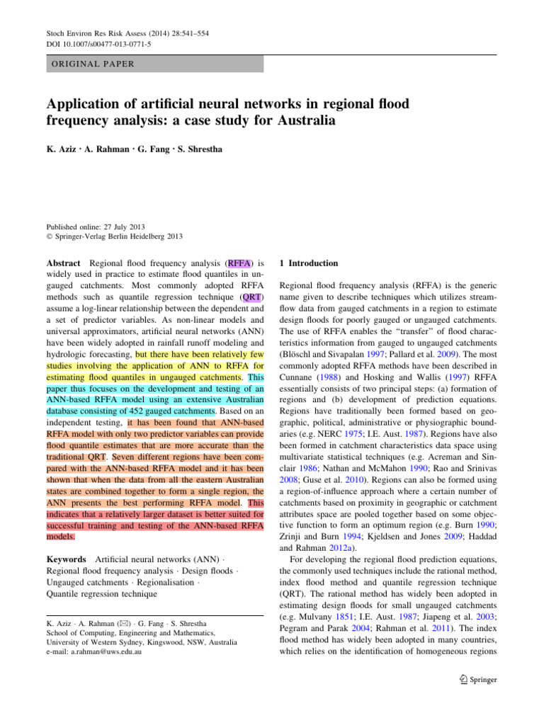 Application of Artificial Neural Networks in Regional Flood Frequency Analysis A Case Study For ...