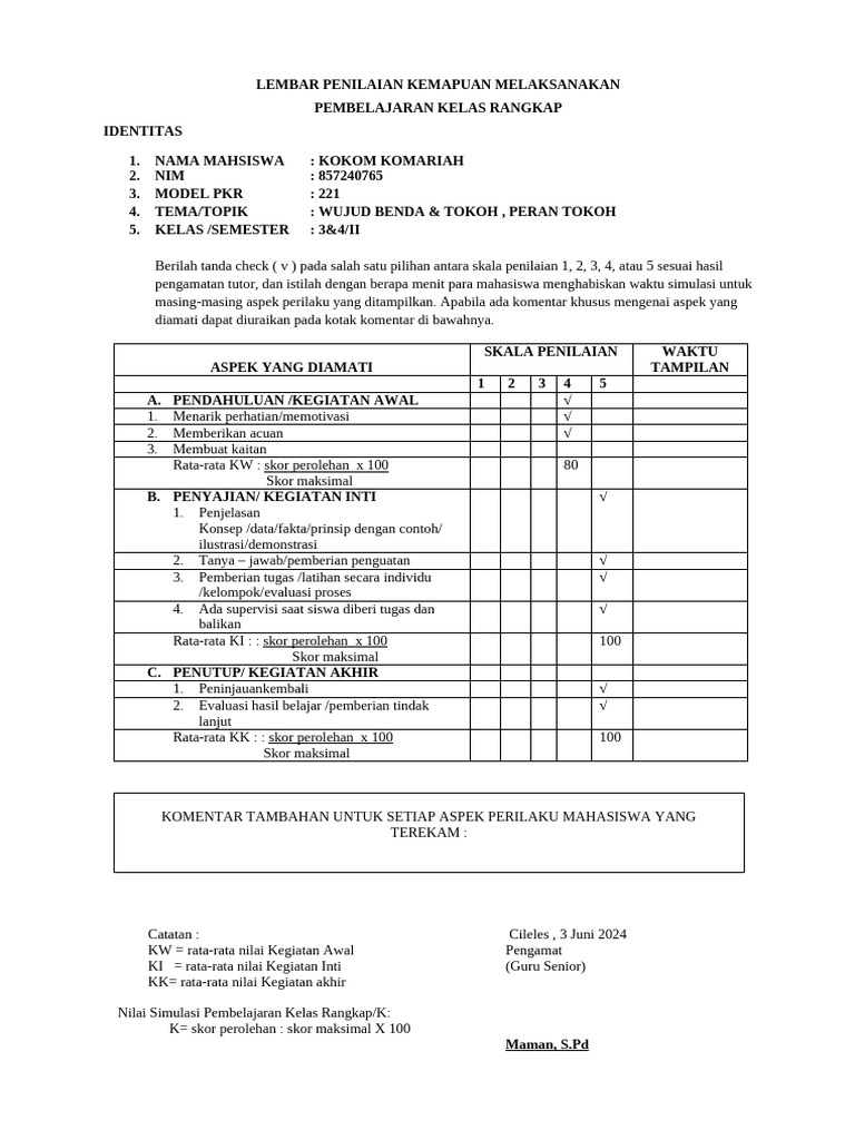Lembar Penilaian Simulasi Pembelajaran Kelas Rangkap | PDF
