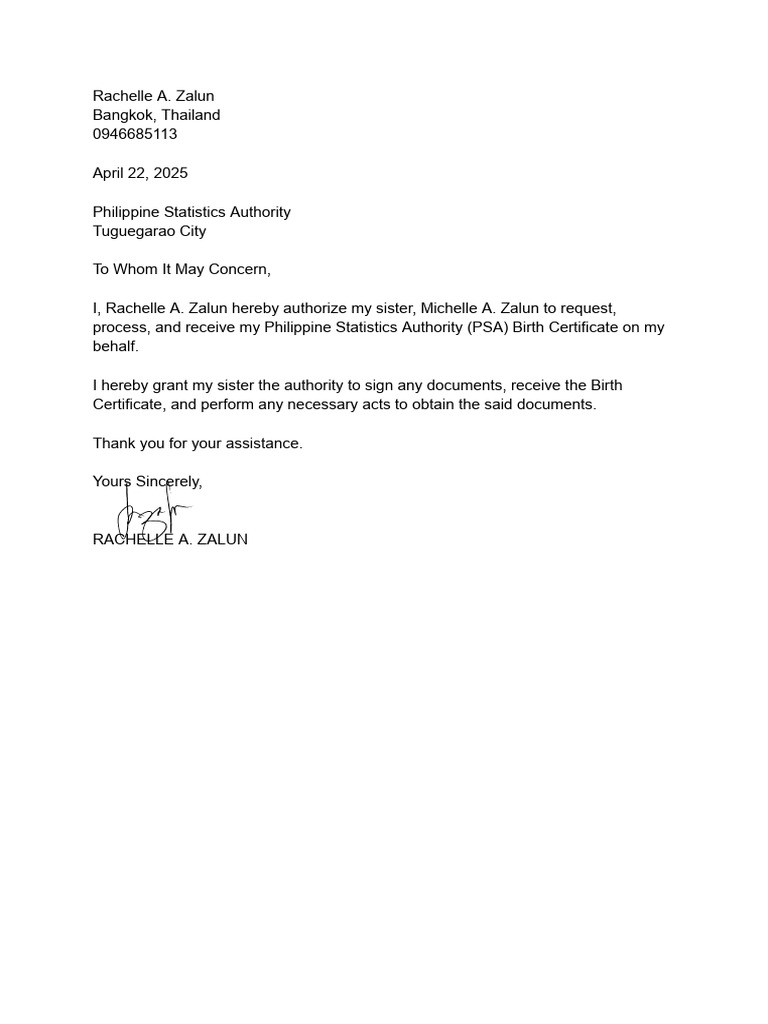 PSA - Authorization Letter | PDF