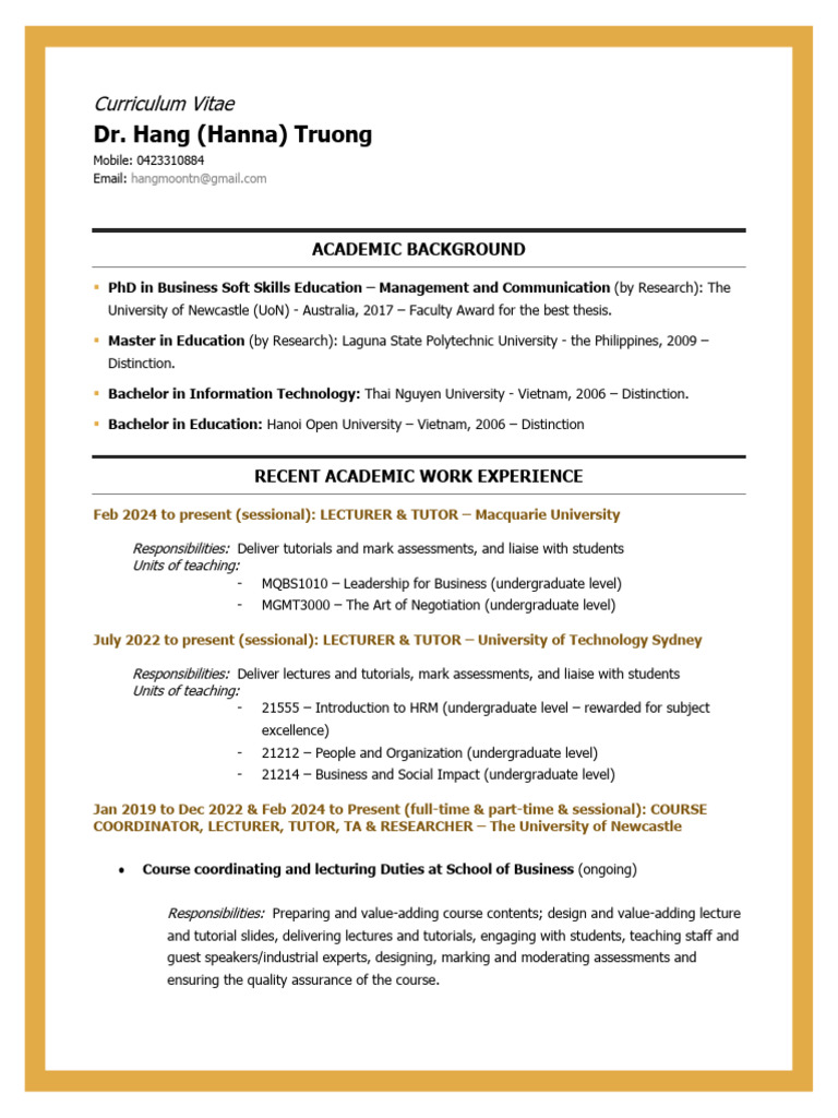 Curriculum Vitae Teaching Hang Hanna Truong | PDF | Data | Postgraduate Education