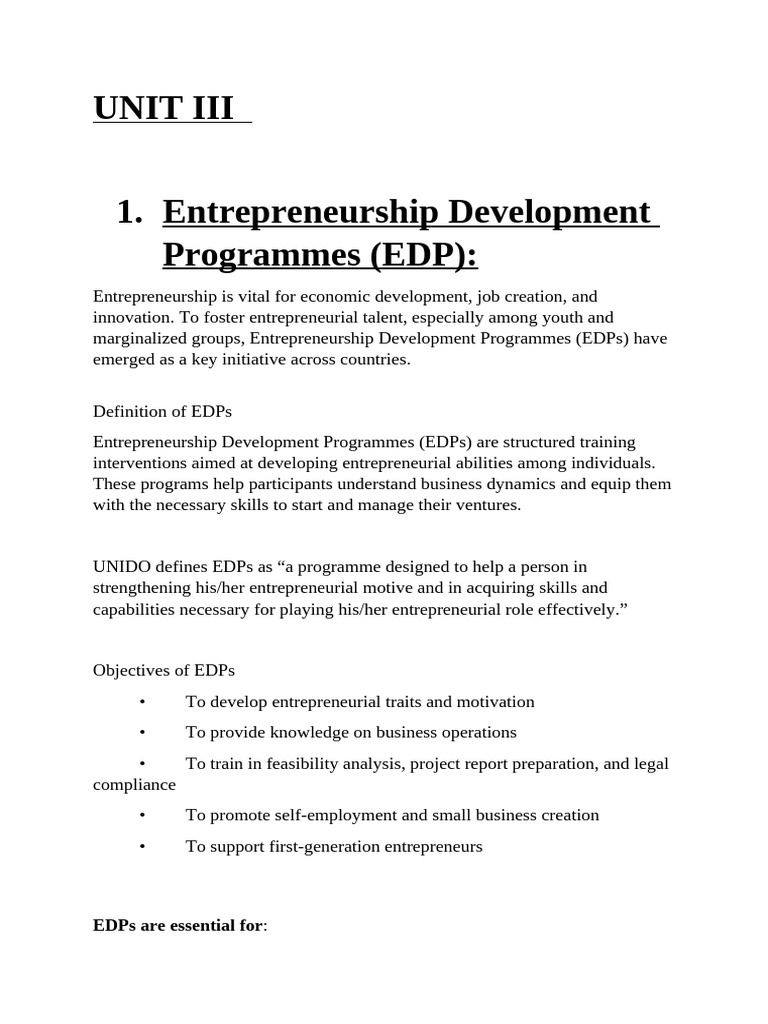 UNIT III Role of Government in Organising EDPs | PDF | Entrepreneurship ...