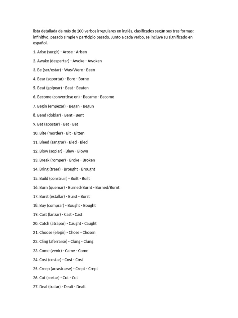 Lista de 200 verbos irregulares en inglés | PDF