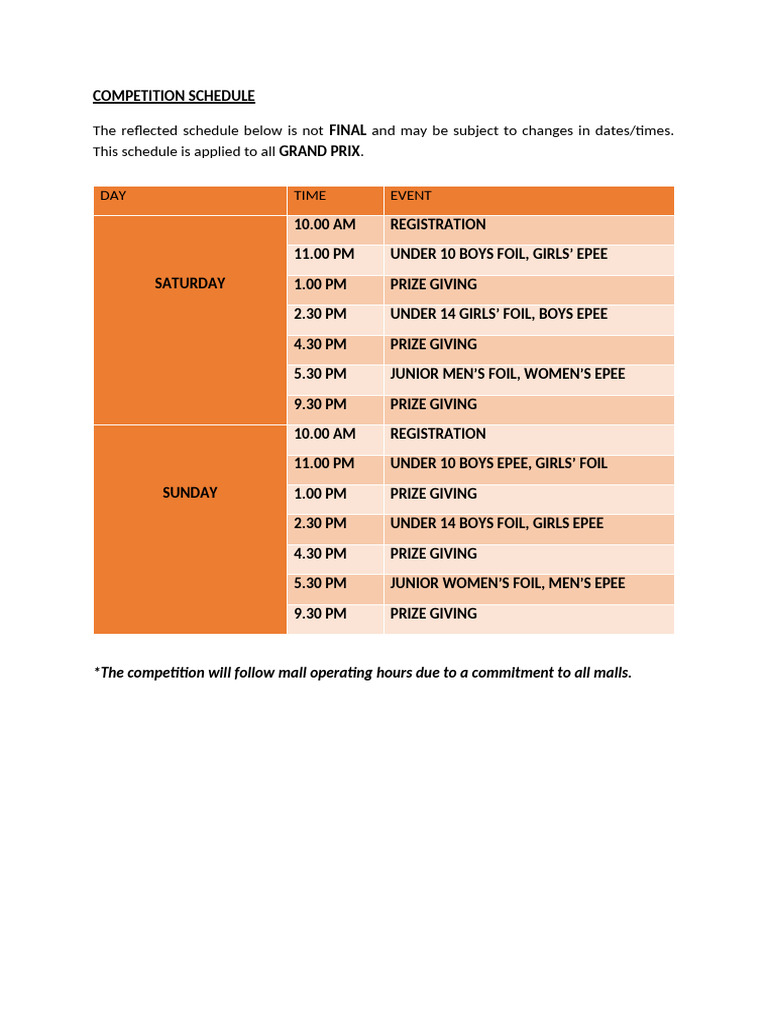 Competition Schedule GP 1 | PDF