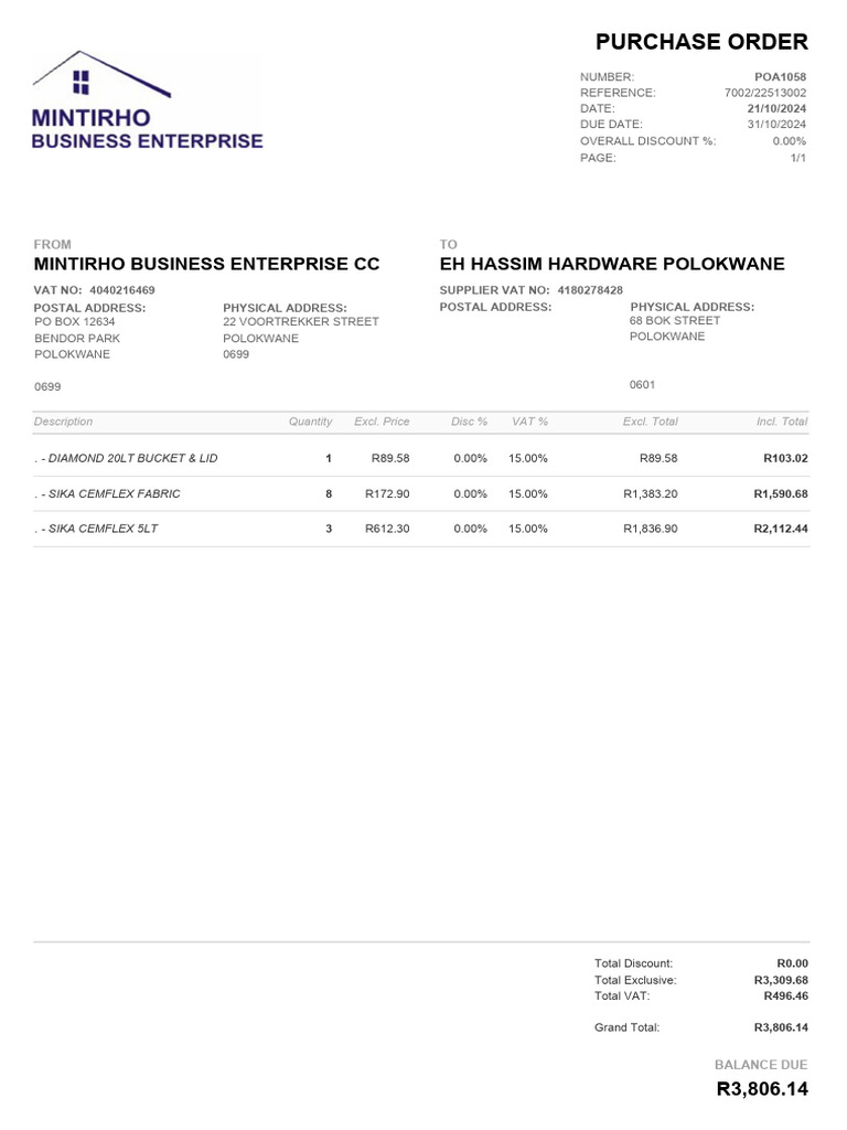 Supplier Purchase Order - POA1058 | PDF