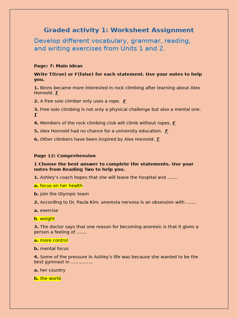 Graded Activity 1 - Worksheet Assignment B1 AAAAA | PDF | Ballet Dancer