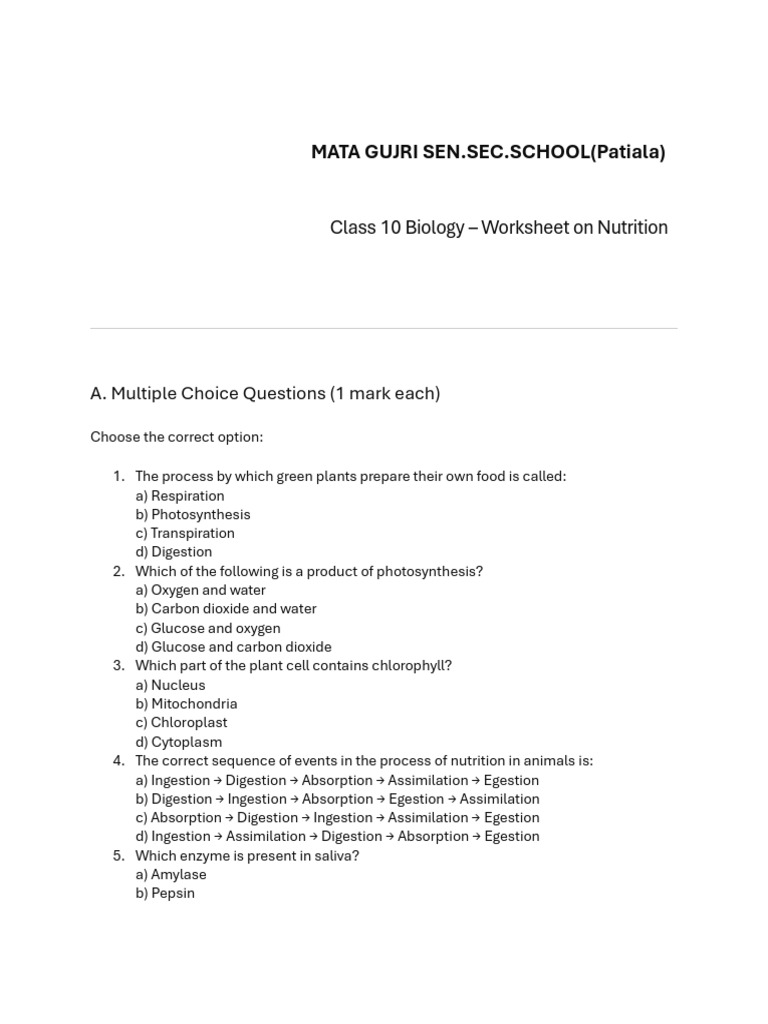 Class 10 Biology Worksheet | PDF | Digestion | Nutrition