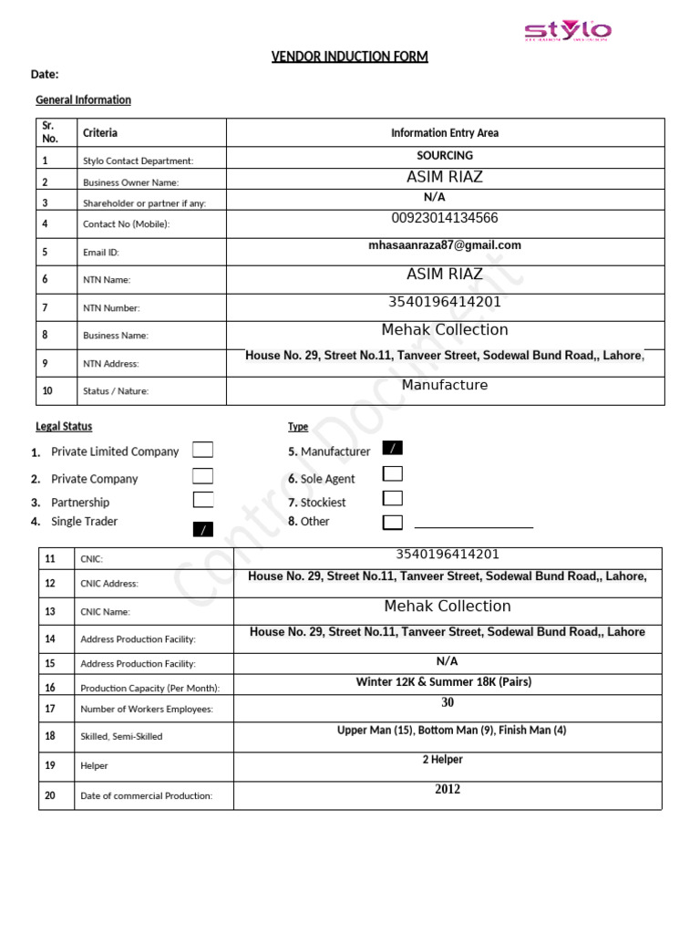New Vendor Induction, Evaluation Form | PDF | Taxes | Business