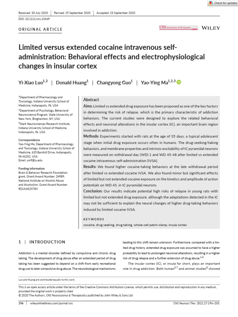 CNS Neuroscience Therapeutics - 2020 - Luo - Limited Versus Extended Cocaine Intravenous Self ...