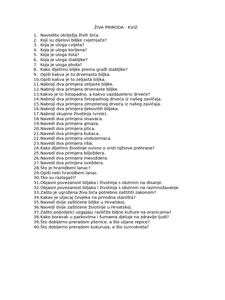 ŽIVA PRIRODA - Kviz | PDF