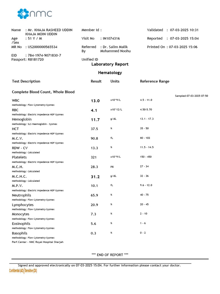 Complete Blood Count, Whole Blood | PDF | White Blood Cell | Body Fluids