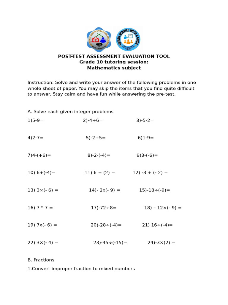 Grade 10 Math Post-Test Evaluation Tool | PDF