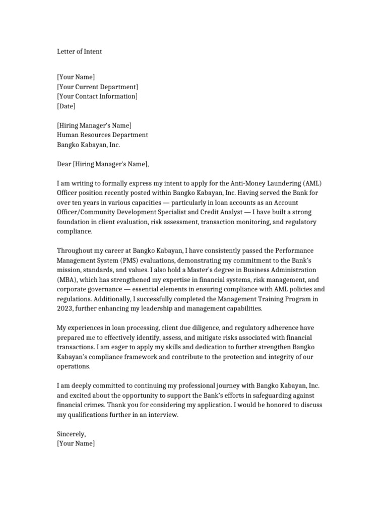 Updated Letter of Intent AML Officer | PDF