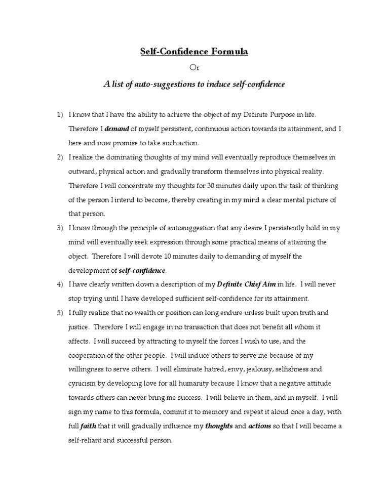 Napoleon Hill's Self-Confidence Formula | PDF