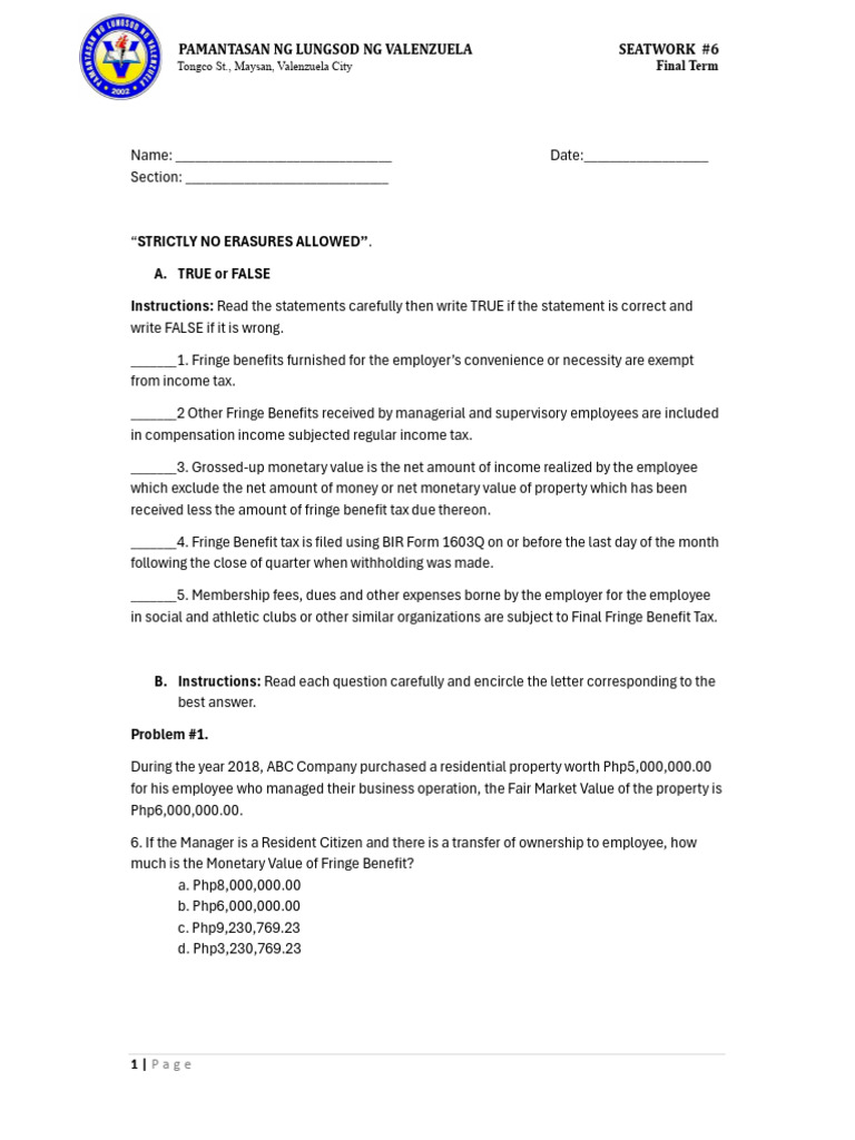 Seatwork 6 - Fringe Benefit Tax | PDF | Employee Benefits | Taxes