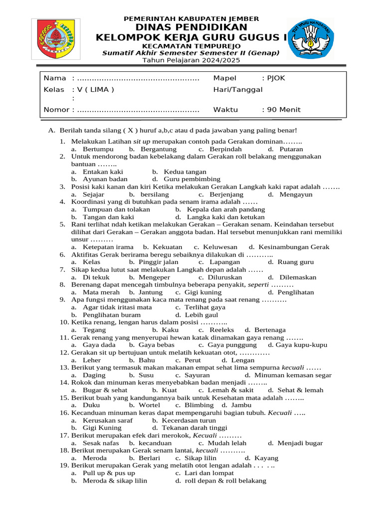 SOAL SAS PJOK KELAS 5 | PDF