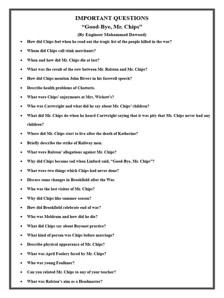 GOOD BYE, MR. CHIPS Chap 09 To 18 Important Questions by Engineer ...