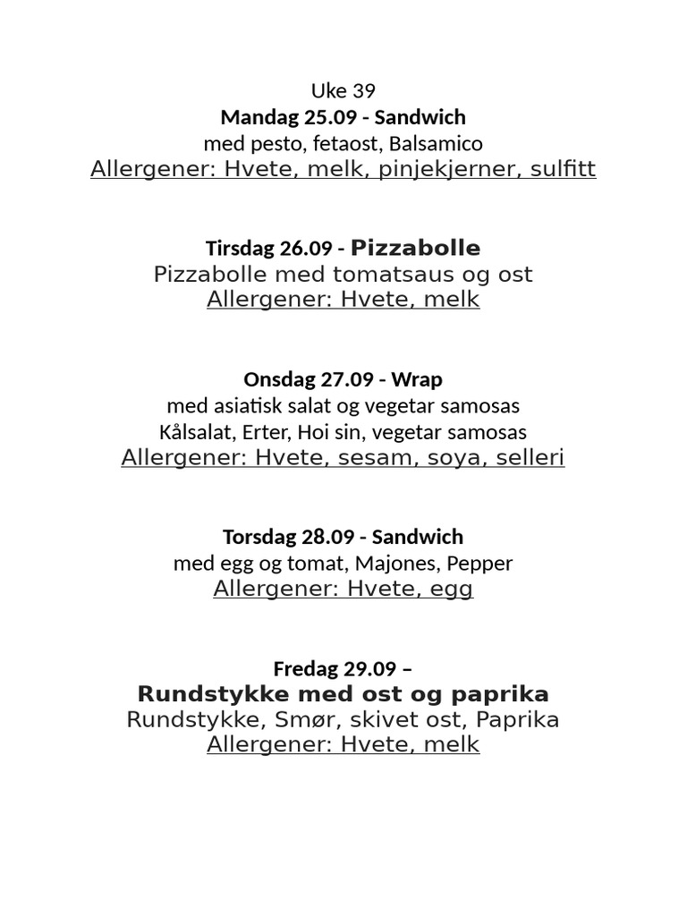 Skolemat Meny Uke 39 41 Eng | PDF