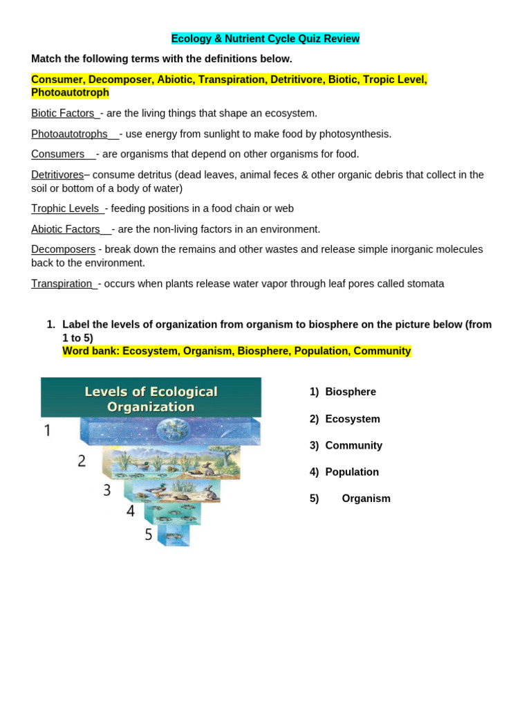 Updated Completed-Ecology & Nutrient Cycle Completed Quiz Review | PDF ...