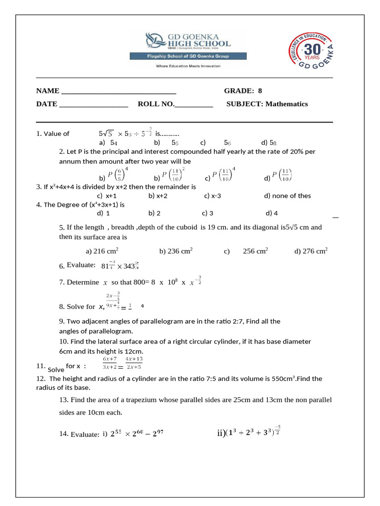 Grade 8 Maths Worksheet 1 | PDF
