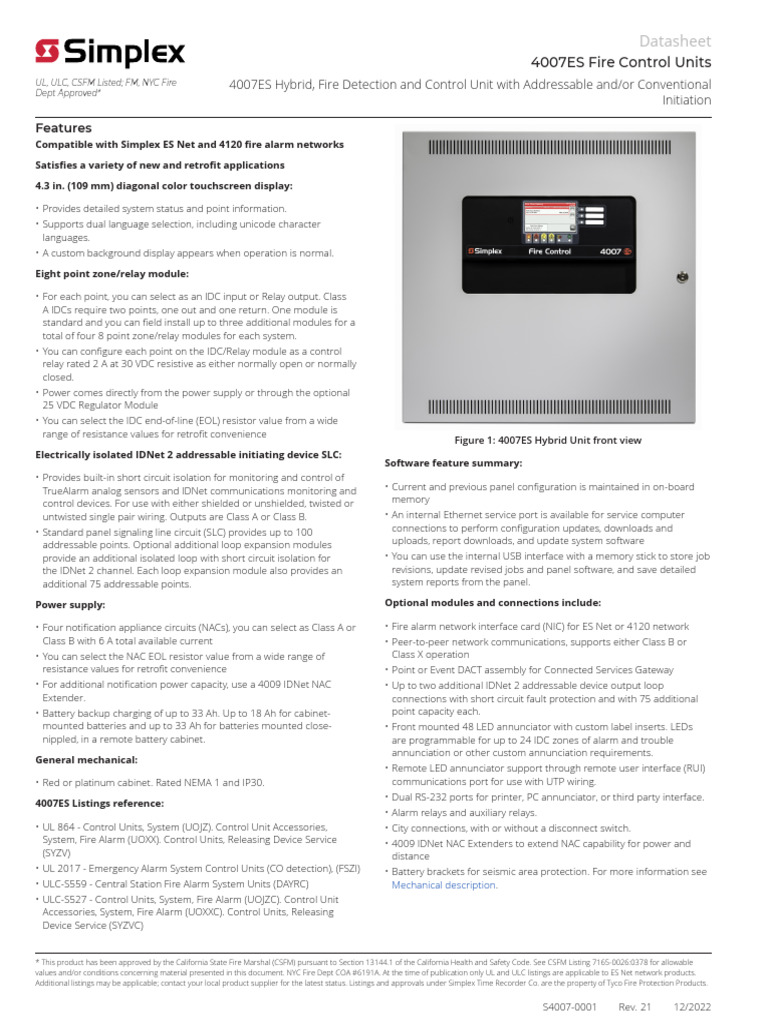 4007ES Fire Control Unit Overview | PDF | Battery Charger | Computer ...