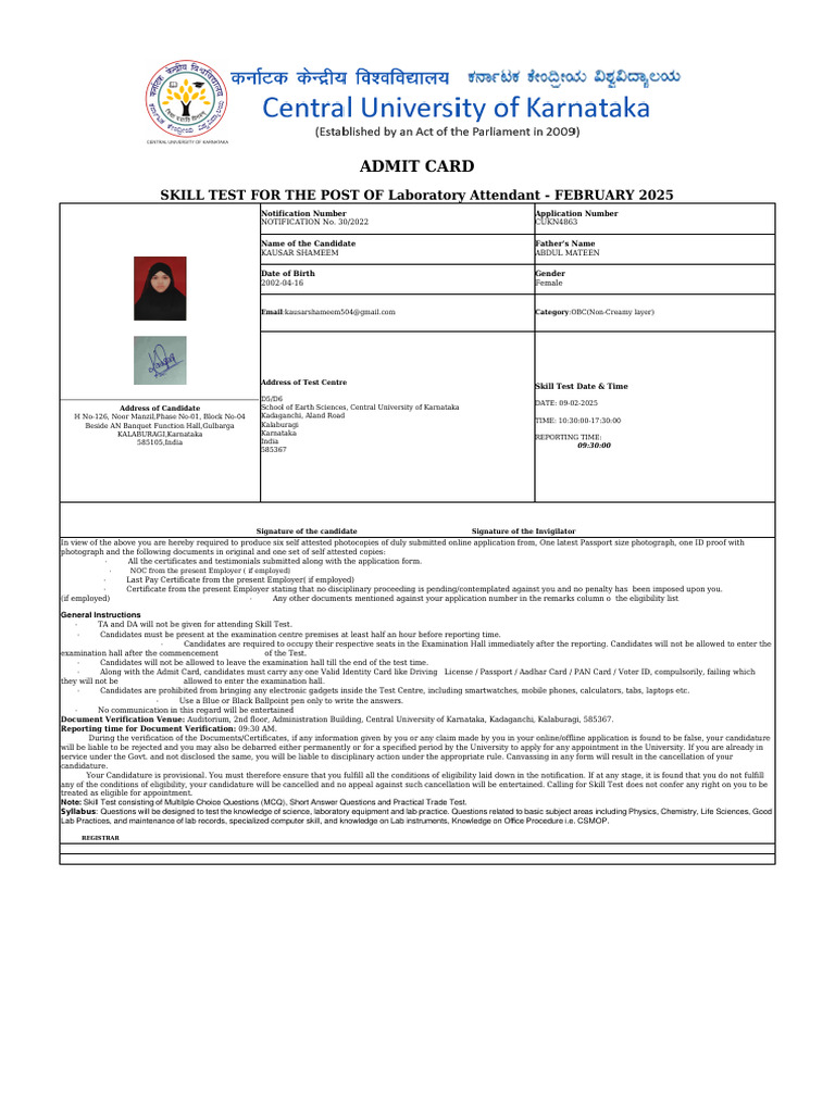 Laboratory Attendant Skill Test Admit Card | PDF | Multiple Choice