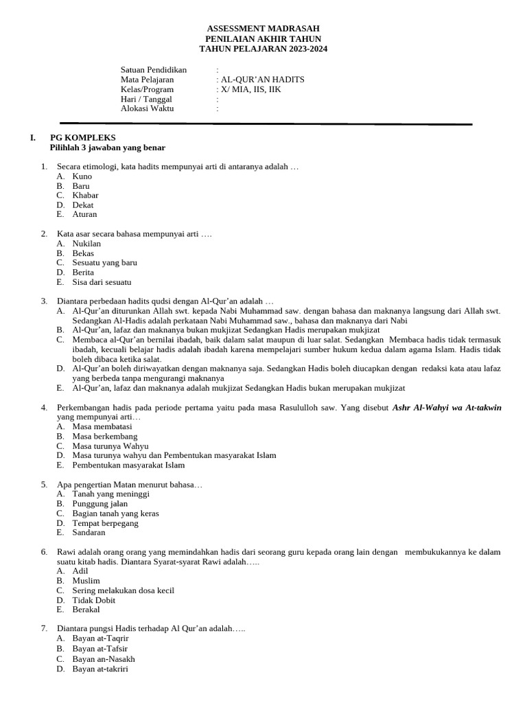Soal Psat Qurdis X 2024 | PDF