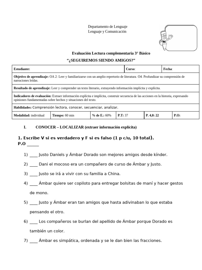 Evaluación de Lectura 3° Básico: Amistad | PDF | Comprensión lectora