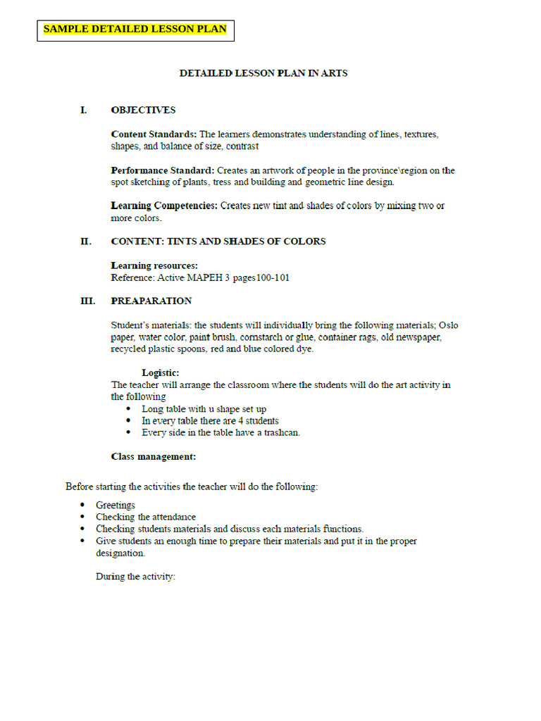 Sample Detailed Lesson Plan EdArts | PDF