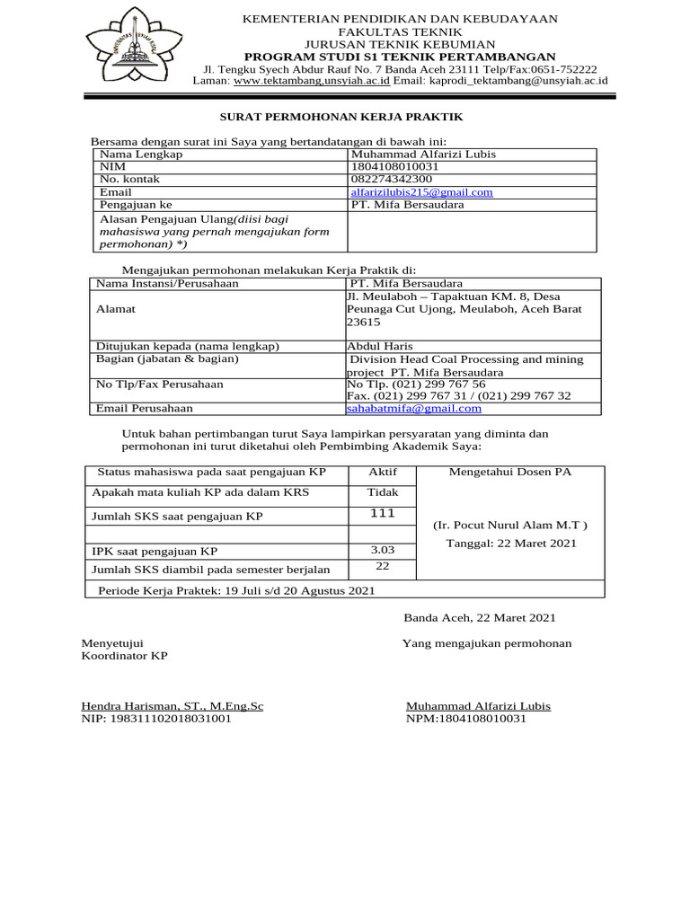 Surat Permohonan KP Muhammad Alfarizi Lubis | PDF