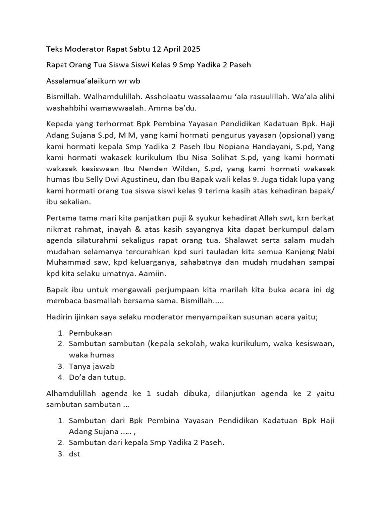 Teks Moderator Rapat Orang Tua SMP Yadika 2 | PDF
