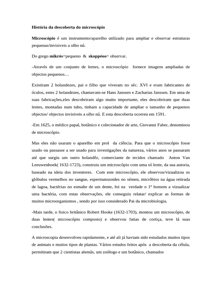 História Da Descoberta Do Microscópio | PDF | Microscópio | Célula ...