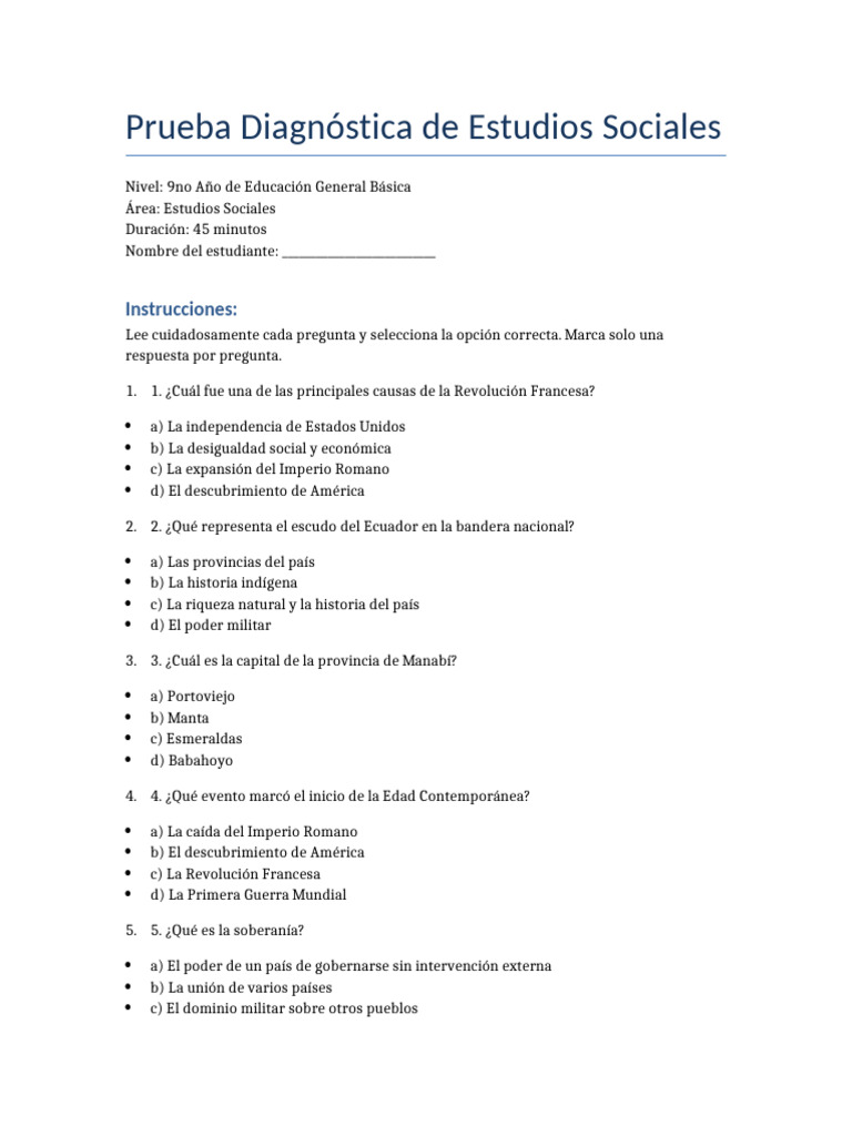 Prueba Diagnostica Estudios Sociales 9no | PDF | Ecuador | Gobierno