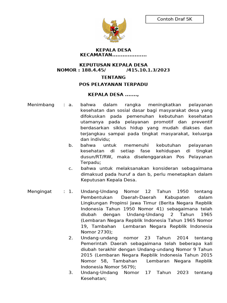 Contoh Surat Keputusan Kepala Desa TTG POSYANDU | PDF