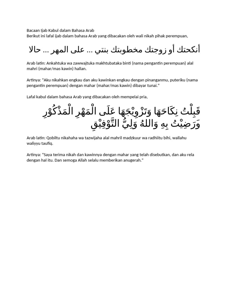 Bacaan Ijab Kabul Dalam Bahasa Arab | PDF
