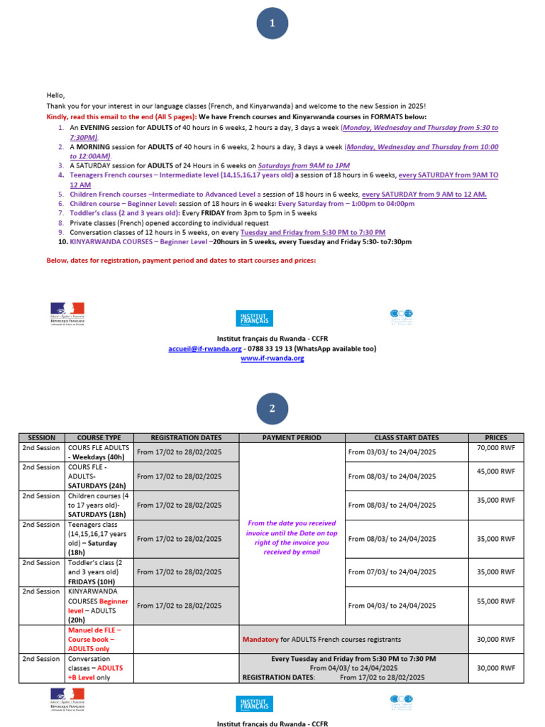 SESSION 2 2025-Cours FLE-Class and Registration Dates | PDF | Pro Forma ...