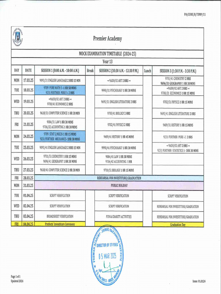 Mock Timetable YR 13 250314 221204 | PDF