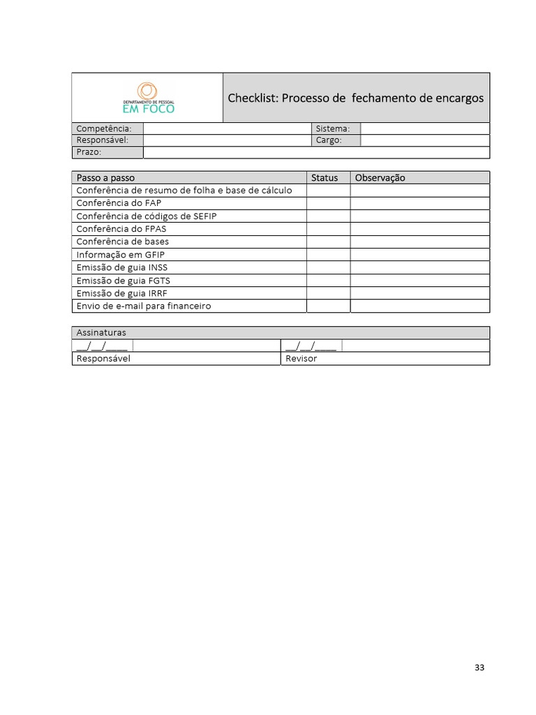Modelo de Checklist Processo de Fechamento de Encargos Departamento de ...