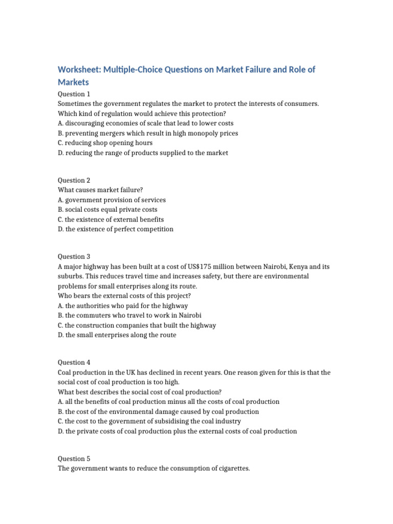 Market and Market Failure Worksheet | PDF | Market (Economics) | Market ...