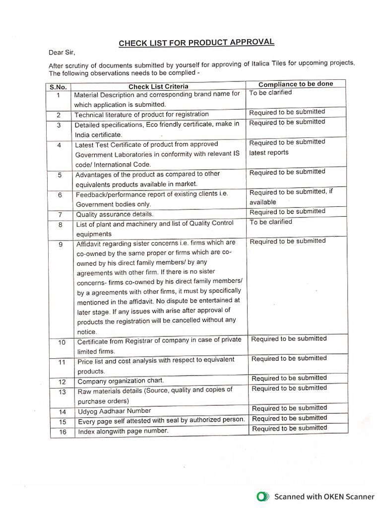 Check List For Product Approval | PDF