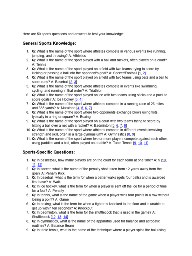 50 Sports Questions and Answers | PDF | Sports | Table Tennis