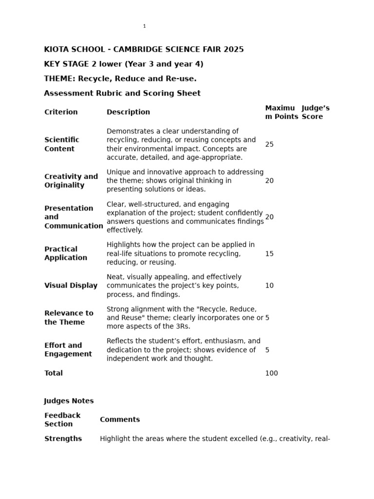 KIOTA SCHOOL SCIENCE FAIR Assessment Rubric and Scoring Sheet Key Tage ...