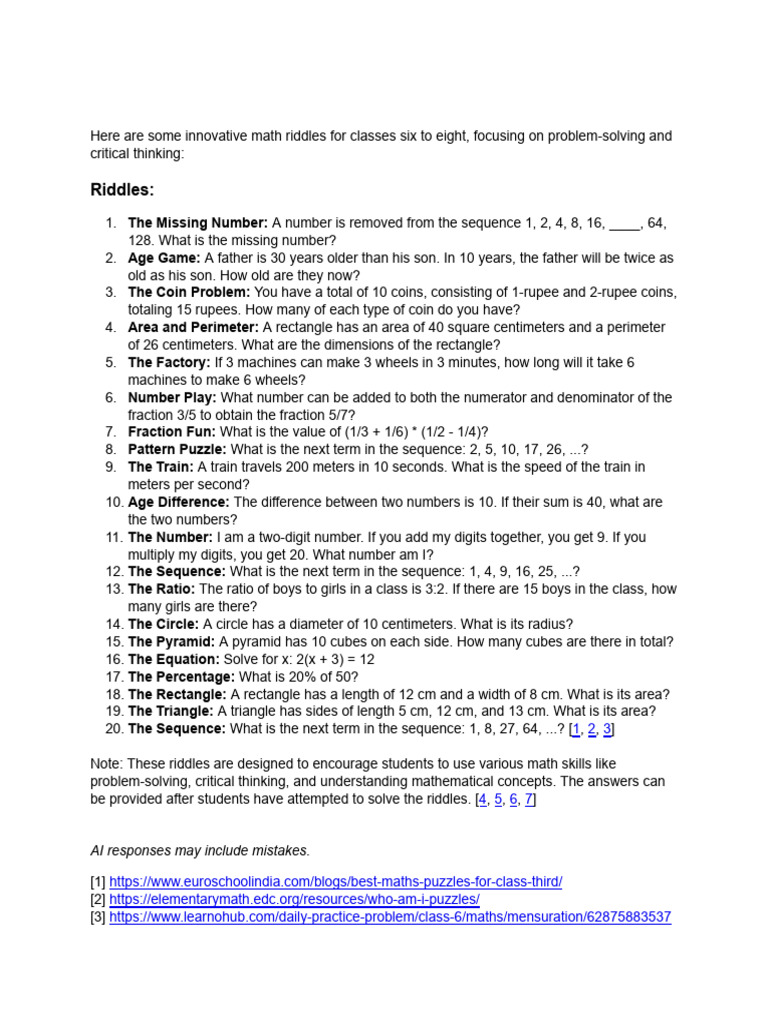 Innovative Math Riddles for Grades 6-8 | PDF | Area | Circle