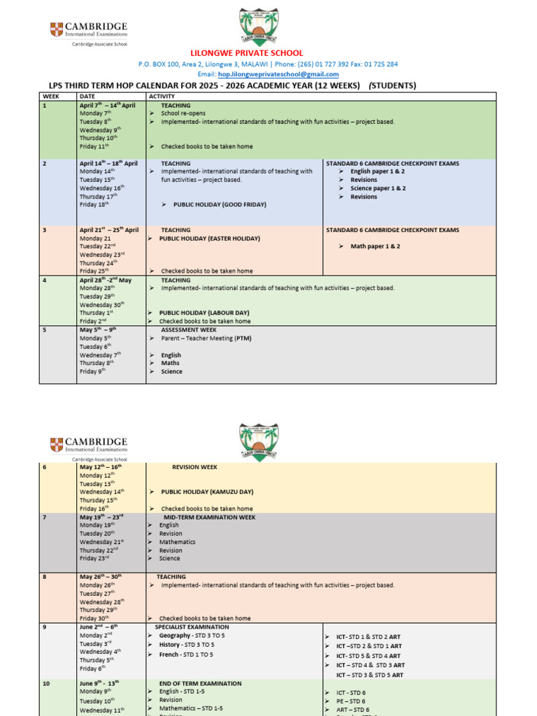 LPS Third Term Calendar 2025-2026 | PDF