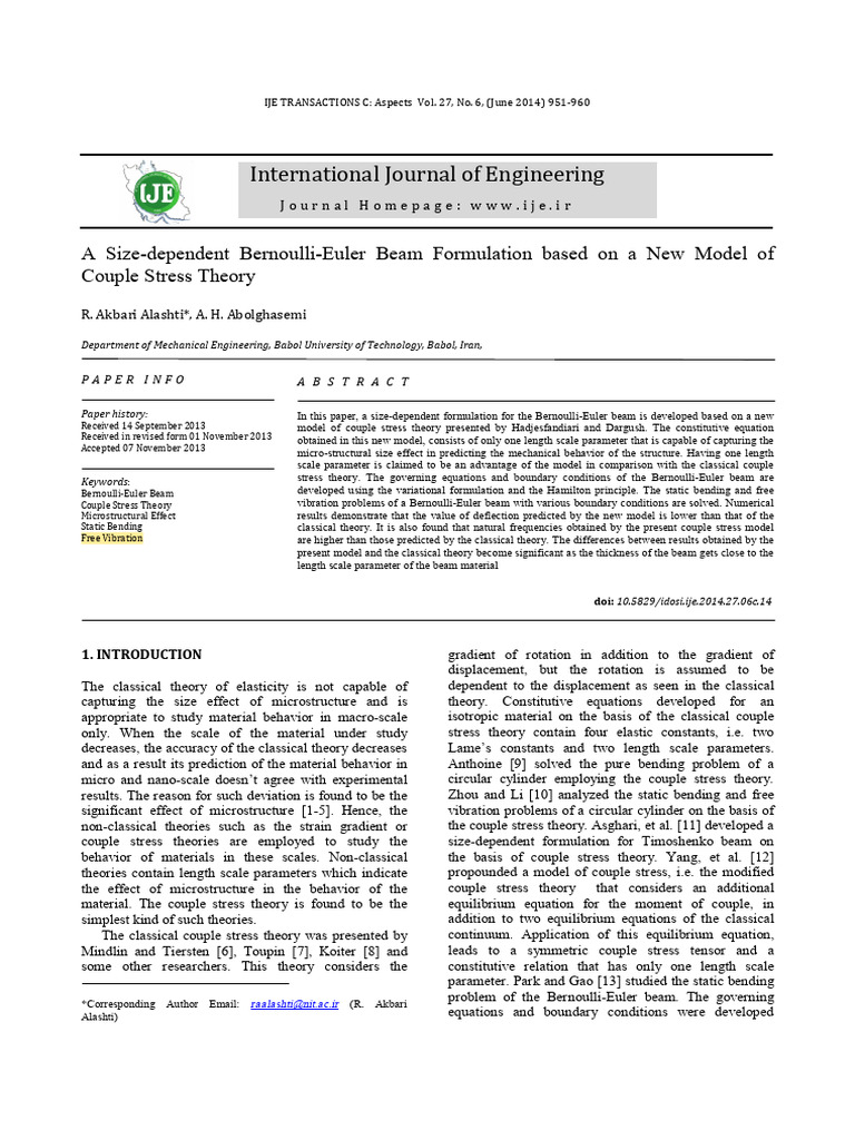 Abolghasemi, A.H., 2014. A Size-Dependent Bernoulli-Euler Beam | PDF | Bending | Stress (Mechanics)
