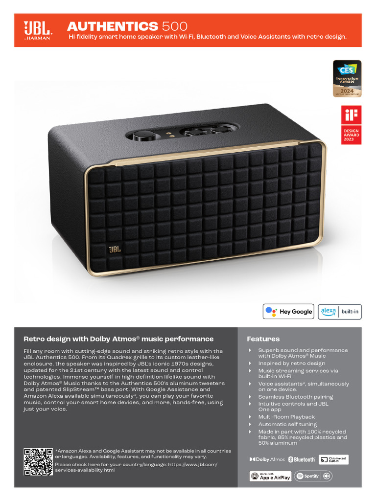 JBL Authentics 500 Specsheet en | PDF | Loudspeaker | Consumer Electronics