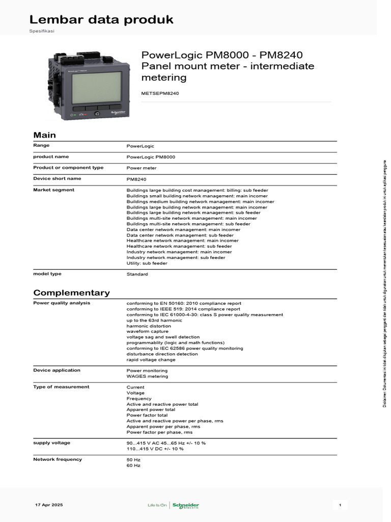 Schneider Electric PM meter | PDF | Ac Power | Electrical Engineering