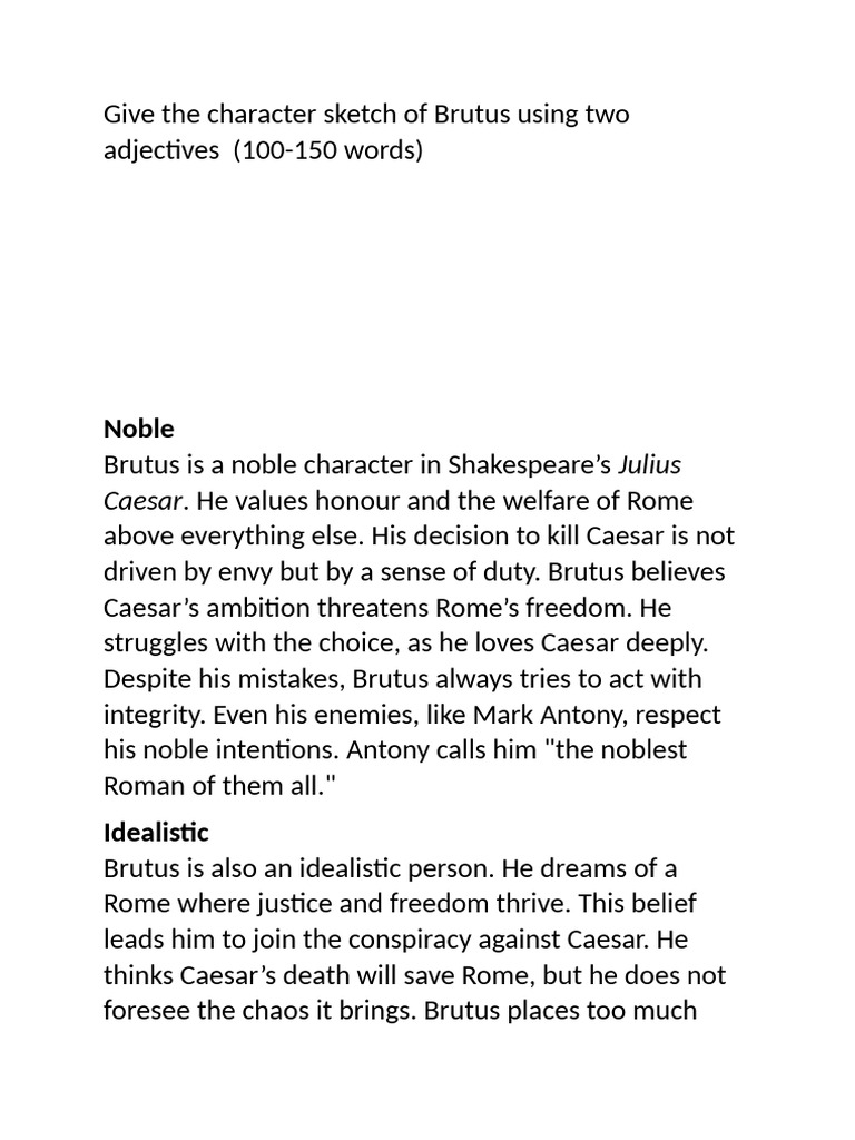 Give the character sketch of Brutus using two adjectives | PDF