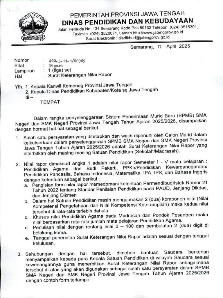 Surat Kemenag Dan Disdik Kab - Kota - Keterangan Nilai Rapor | PDF