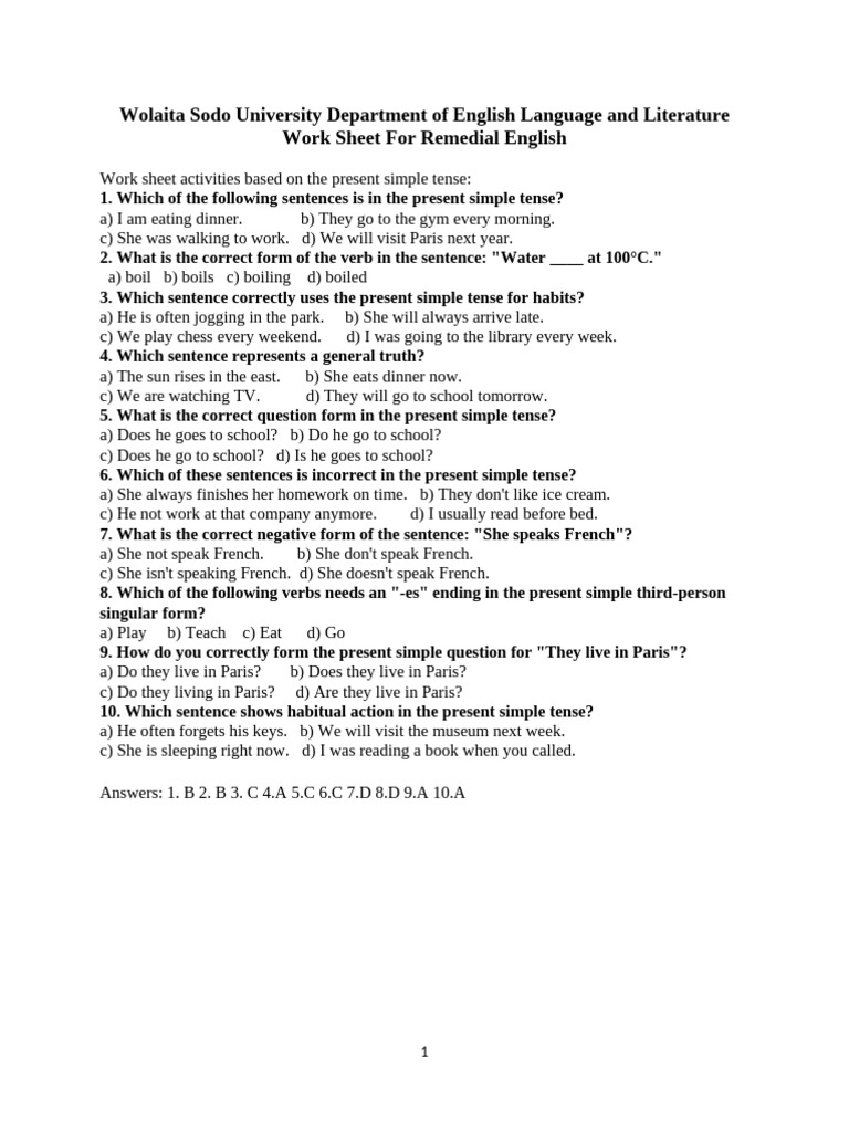 Work Sheet One For Remedial English 2017 | PDF | Verb | Grammatical Tense