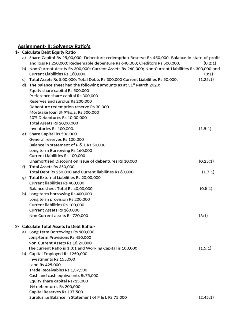 Ratio Assignment - II Solvency Ratio | PDF | Equity (Finance) | Debt